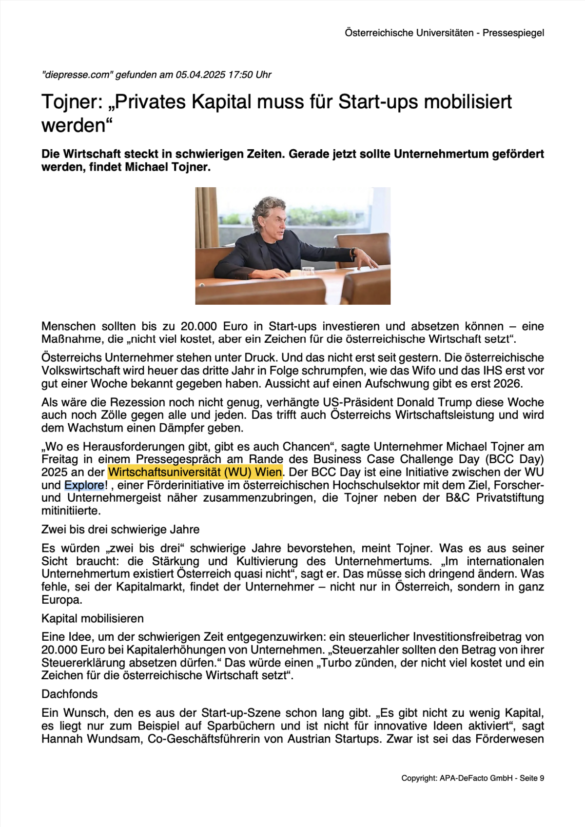 Tojner: „Privates Kapital muss für Start-ups mobilisiert werden" (Die ...