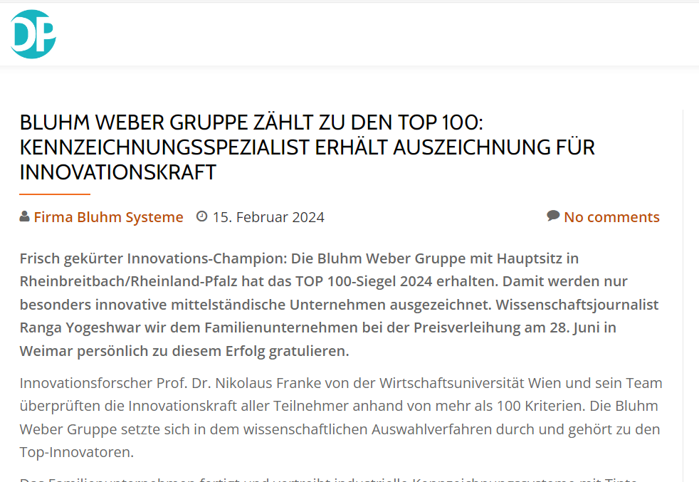BLUHM WEBER GRUPPE ZÄHLT ZU DEN TOP 100: KENNZEICHNUNGSSPEZIALIST ...